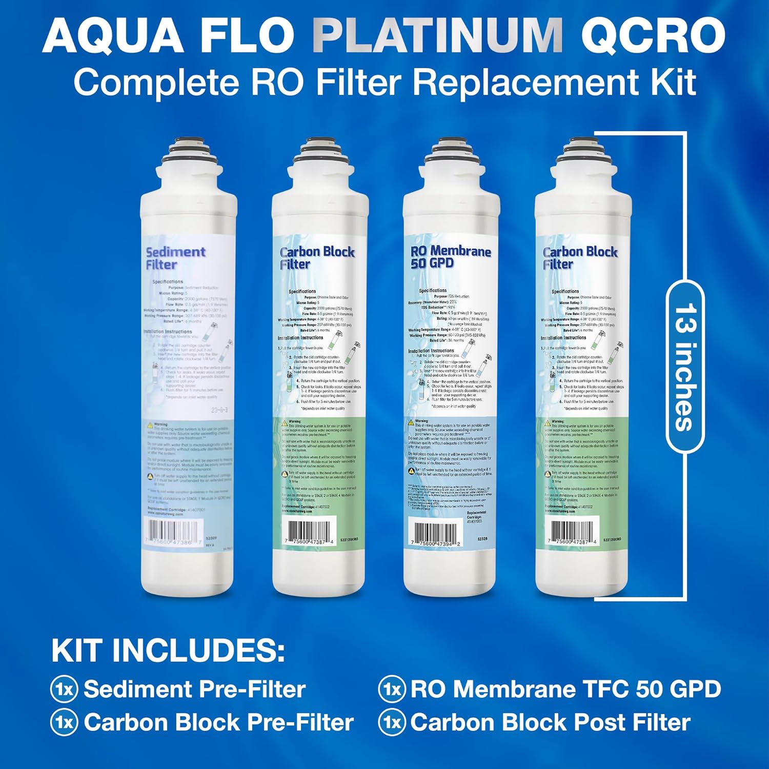 Buy Aqua Flo Platinum QCRO RO Filter Replacement Kit & 50 GPD Membrane ...